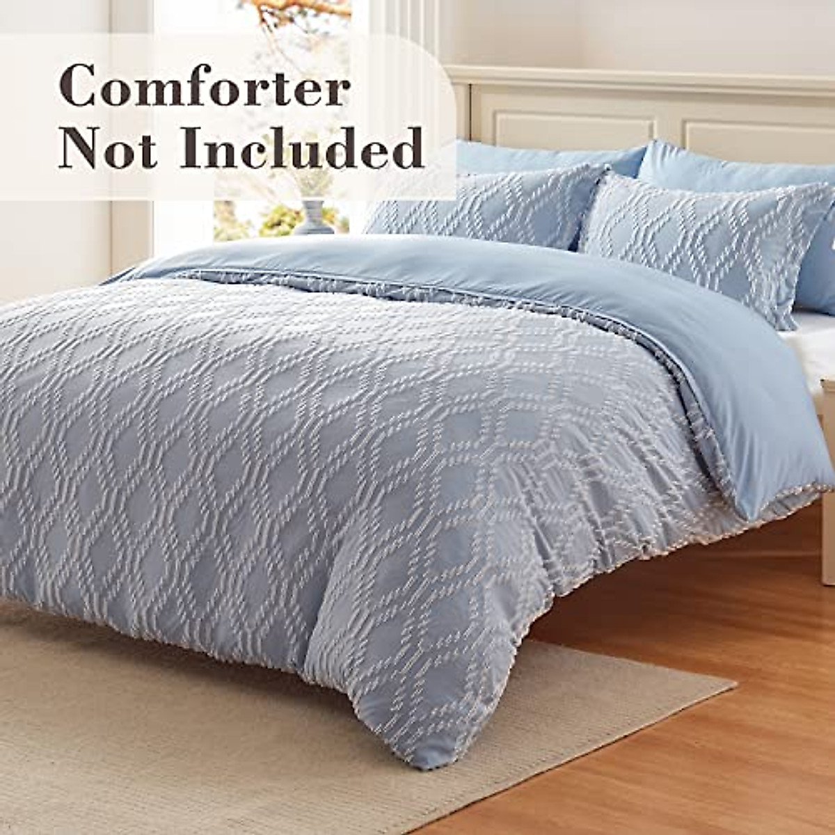EMME Duvet Cover Set Microfiber, Tufted Queen Duvet Cover Set, Boho Bedding Sets Queen for All Seasons, 3 Pieces Embroidery Chic Duvet Cover Full, 1 Duvet Cover + 2 Pillowcases (Blue & White, Queen)
