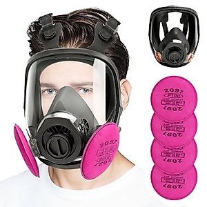 Reusable Large Full Face Respirator Mask - Face Cover Gas Mask with 4 Pcs 2097 Filters Anti-fog Against Organic Vapor/Dust/Formaldehyde/Chemical/Particle/Pollen for Spray, Construction, Sanding Work