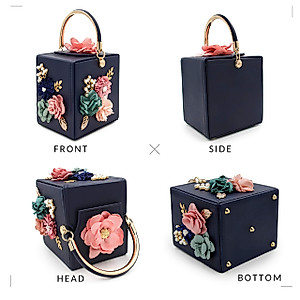 Milisente Evening Clutch Bag for Women Floral Square Box Evening Bags Crossbody Shoulder handBags Flower Wedding Clutch Purse(Navy Blue)