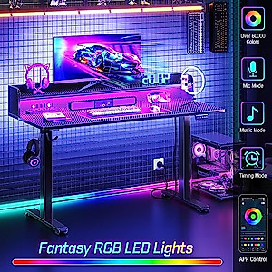 Rolanstar Standing Desk with LED Lights & Charging Station, 47" Height Adjustable Desk with Monitor Stand, Electric Gaming Desk with 2 Hooks, Sit Stand Home Office Desk, Carbon Fiber Surface Black