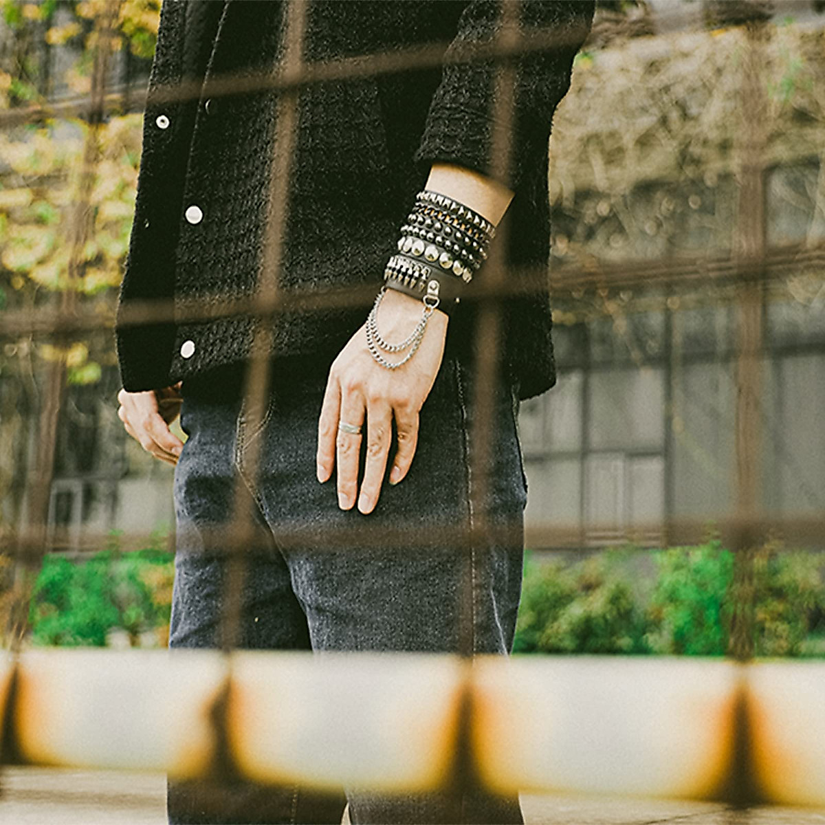 Eigso Punk Leather Cuff Bracelets for Men Women 80s Retro Hematite Rock Spikes Metal Cuff Wristband Set Adjustable for Man Woman