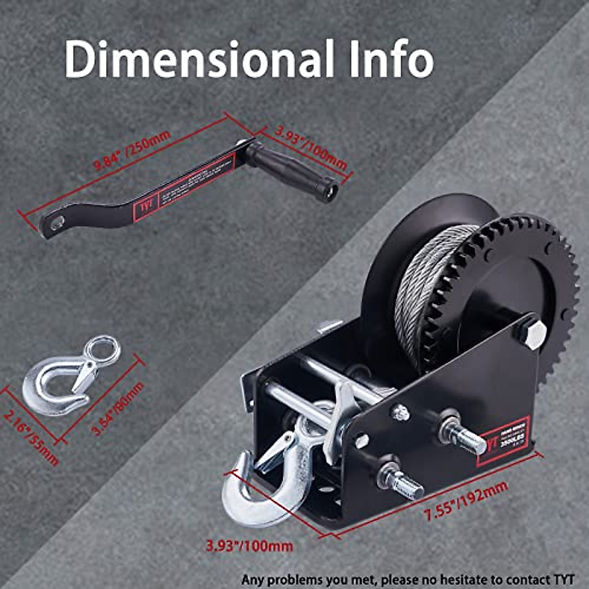 TYT 3500LB Boat Trailer Cable Winch with 32ft Steel Rope, Hardened Steel Ratio 4:1/8:1 Gear Manual Winch, Heavy Duty Portable Hand Crank Winch with Hook for Towing Pulley Boat Trailer RV Jet Ski Winch