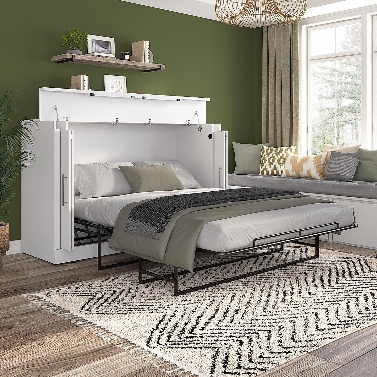 Bestar Nebula 75W Queen Size Murphy Cabinet Bed with Mattress in White, 75-inch Space-Saving Sleeping Arrangement for Multipurpose Guest Room or Home Office