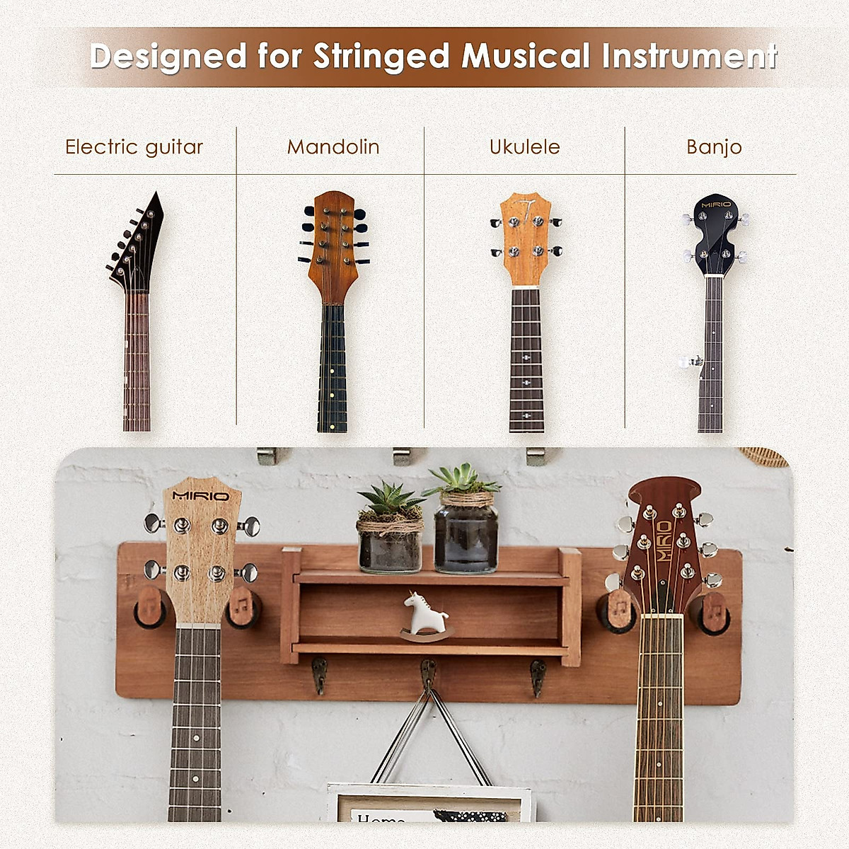 MIRIO Double Guitar Wall Mount with Shelf, Solid Wood Guitar/Ukulele Hangers with 2 Guitar Holders and Pick Holders for Wall Mount- Brown