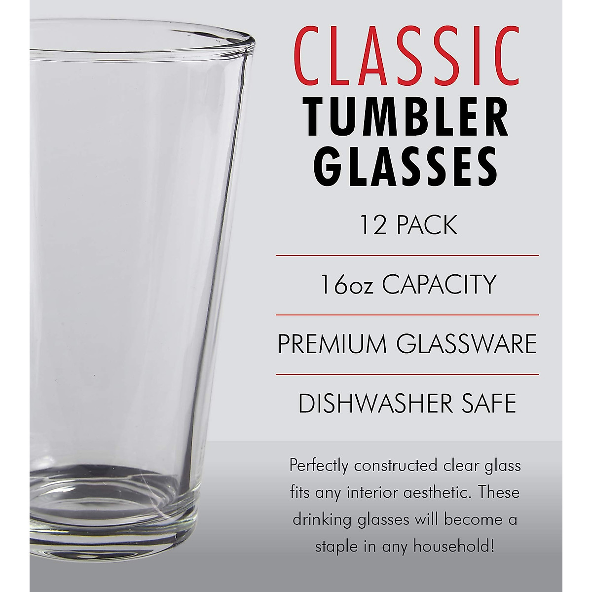 Kitchen Lux Pint Beer Glasses Set of 12 – 16 oz Tall Clear Drinking Glasses and All Purpose Tumblers – Heavy Base Cocktail, Water, Juice Glass – Pub Style Design For Home Dining, Bars, and Parties