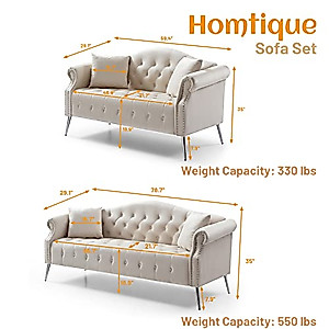 Homtique Sofa Set for Living Room 2 Piece, Modern Velvet Loveseat Sofa Set Upholstered Button Tufted Nailhead Trimming Rolled Arm and Metal Legs, Velvet Sofa Couch with 4 Pillows(Beige)