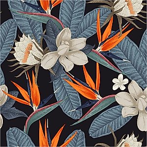 UniGoos White Floral Peel and Stick Wallpaper Black Background Blue Palm Flower Contact Paper Vinyl Self-Adhesive Vintage Wall Paper Roll for Cabinet DIY Decor 17.7" x 118"