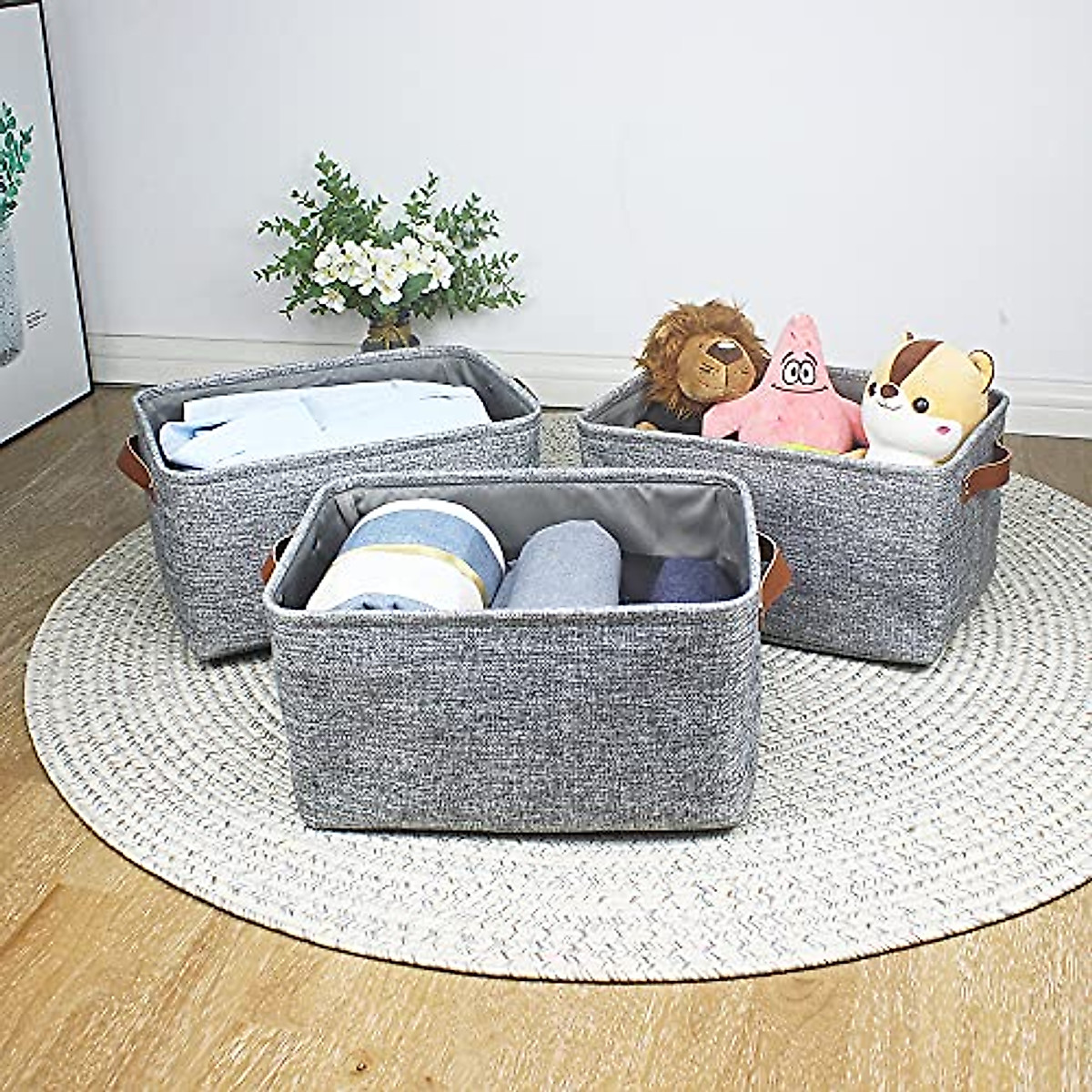Fabric Storage Bin - [3-Pack] Premium Collapsible Baskets for Organizing, Decorative Storage Baskets with Handles for Home, Nursery, Shelves, Closet, Clothes (Grey, 15Lx11Wx8H inch)