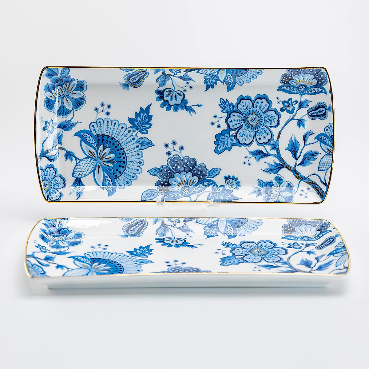 Gracie Bone China Blue Danube Rectangular Shape Serving Trays, Set of 2 (9.75")