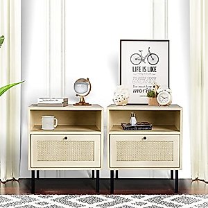 Lamerge Rattan Nightstand Set of 2, Wooden End Table, Modern Side Table with Storage Drawer and Opening Shelf, Accent Table for Living Room, Bedroom and Small Spaces, Natural