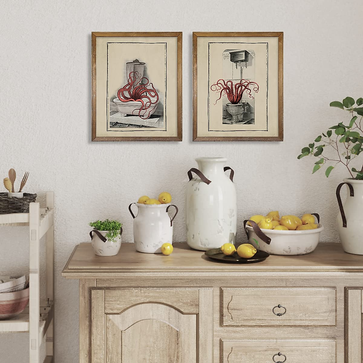 Funny Bathroom Wall Decor - Vintage Surreal Octupus Wall Art - Unique Cool Bathroom Pictures - Quirky Bizarre Bath Posters - Steampunk Cute Bathroom Accessories - Toilet Sign - Powder Room Print