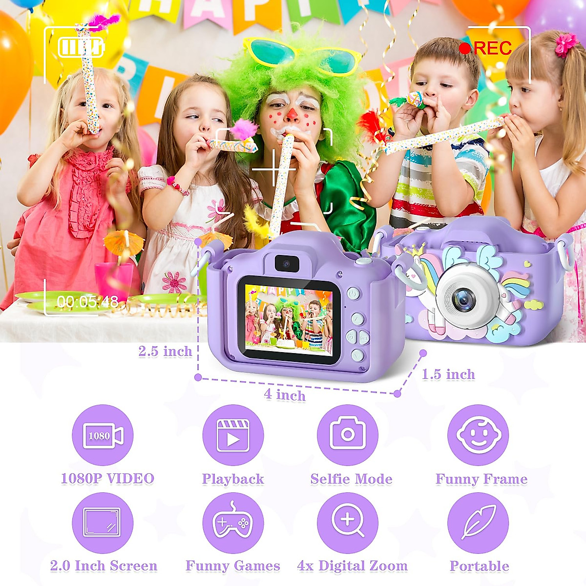 Anesky Kids Camera, Best Birthday for Girls/Boys Ages 3 4 5 6 7 8 9 10 11 12, Kids Digital Camera for Toddler with Video, Toy Camera for 3-12-Year-Olds Kids with 32GB Card - Purple