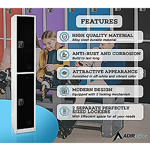 AdirOffice Large School Locker with 2 Doors 2 Hooks Storage Locker for Garage Storage - Office Storage Lockers (2 Door, Black)