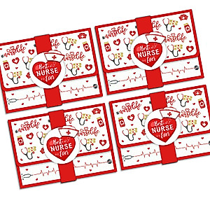 JOYMEMO 4 Pack Nurse Gift Card Holders - Nurse Appreciation Week Money Holder with Envelope for Nurse Week Thank You Nurse Gift Card Sleeves, Best Nurse Ever Prizes Paper Party Favors