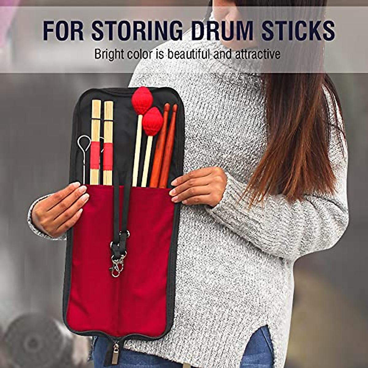 Tbest Drum Stick Bags Sacoche Baguette,Drum Sticks Bag Holder,IRIN Drum Stick Storage Hanging Bag Drumstick Portable Handbag with Handle 5 Colors Available(Black/Red/Green/Blue/)(Red)