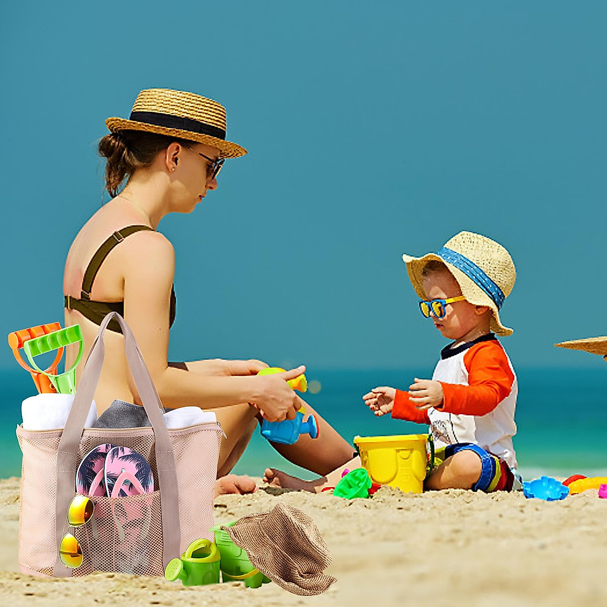 Mesh Beach Bags, Grocery Produce Tote Bag with Zipper & Pockets for Gym, Picnic, Shopping or Travel