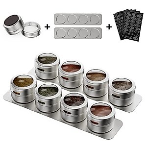 Vetacsion Set of 8 Magnetic Spice Tins with 2 Metal Wall-Plates,100 Preprinted Seasoning Label Stickers,2 Styles for 3 oz Herb Jars