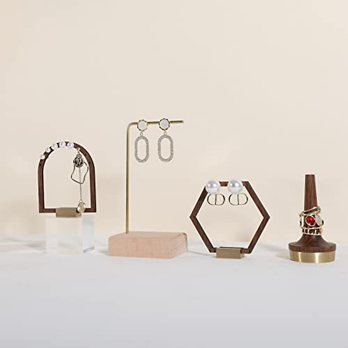 GemeShou brass earring display stands for selling, wooden ear ring holders for jewelry, single stud holder jewelry display【Brass earring stand Height-Beech】