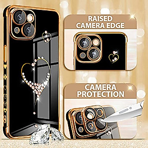Petitian for iPhone 14 Plus Case, Cute Women Girls Bling Glitter Love Heart Designed for iPhone 14 Plus Phone Cases, Girly Gold Plating Phone Cover for 14 Plus with Camera Protection Black