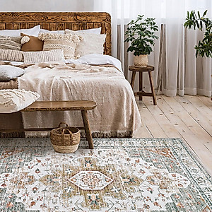 Moynesa Ultra-Thin Washable Area Rug - 5x7 Rugs for Living Room Washable Rugs for Bedroom Soft Office Mat, Printed Low Pile Accent Dining Room Carpet for Basement Nursery Playroom, Beige/Gold