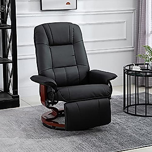 HOMCOM Faux Leather Manual Recliner, Adjustable Swivel Lounge Chair with Footrest, Armrest and Wrapped Wood Base for Living Room, Black
