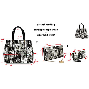 JUNZUP Glossy Magazine Cover Collage Michelle Obama Printed Satchel Bag + Envelope Clutch + Wallet 3pcs Set (Grey/Bk)
