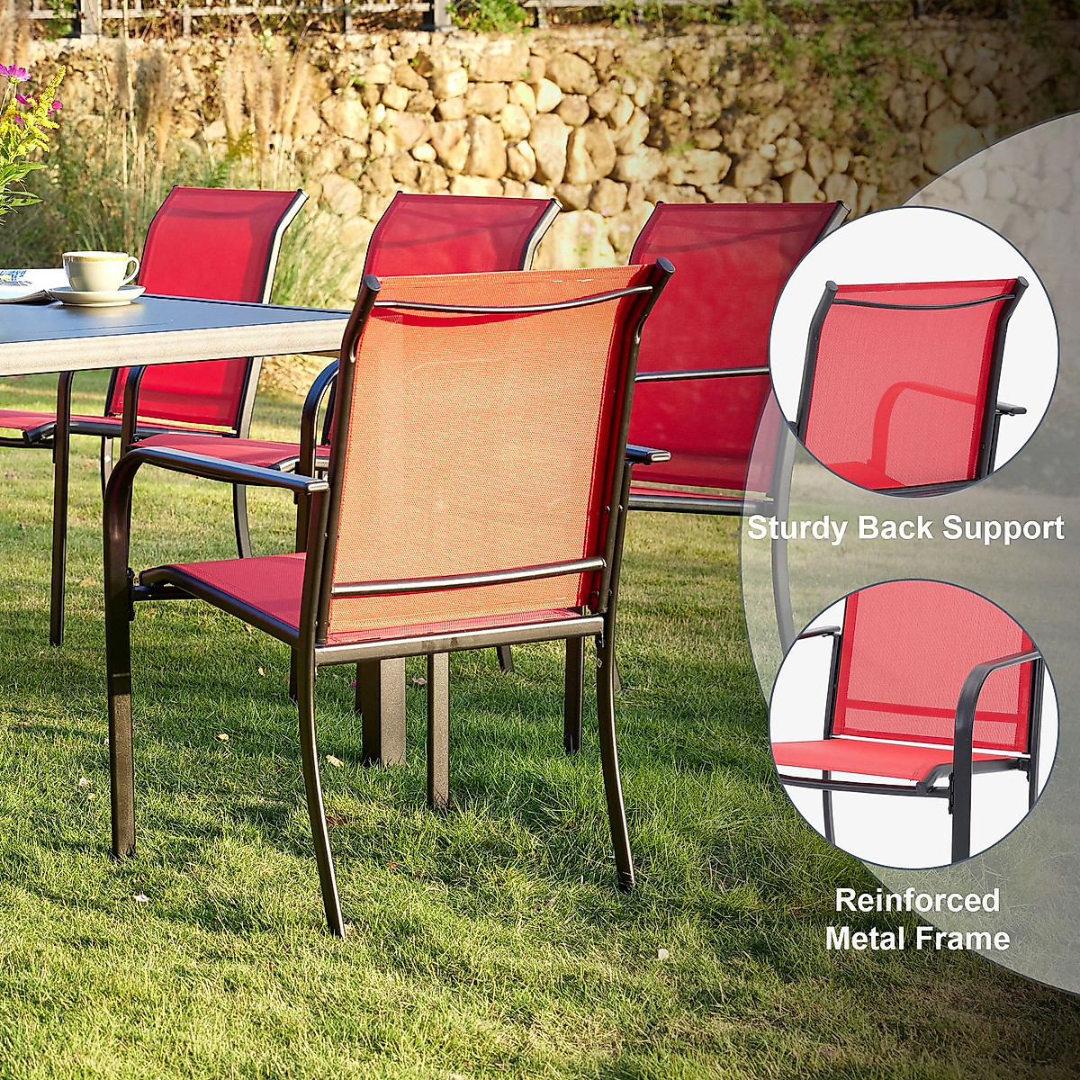 VICLLAX Patio Dining Chairs Set of 2, Stackable Outdoor Chairs Set with Armrests for Poolside, Backyard, Garden, Deck, Porch, Red