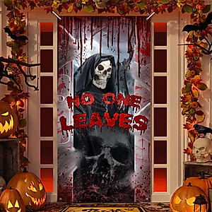 Avezano Halloween Door Decorations Scary Killer Skull Halloween Door Cover Bloody Handprints Halloween Banner Decorations Indoor Outside