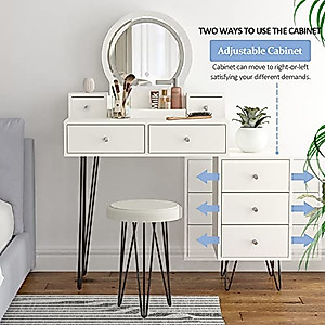 Fameill Makeup Vanity Desk with Lighted Mirror,White Vanity Table Set with Round Mirror,3 Color Touch Screen Dimming Mirror,7 Drawers Bedroom Dressing Table with Soft Cushioned Stool