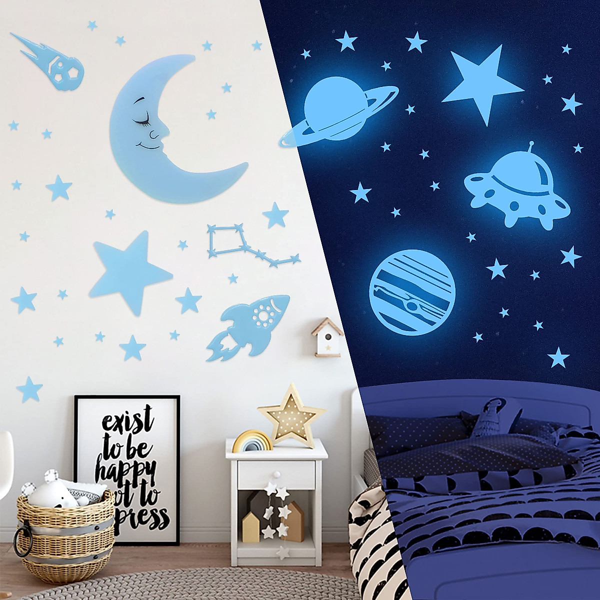 500Pcs 3D Glow in the Dark Stars Blue Glow in the Dark Stars for Ceiling Space Wall Decals Glowing Astronaut Universe Planet Galaxy Wall Stickers Ceiling Decorations for Boys Kids Bedroom Decor (Blue)
