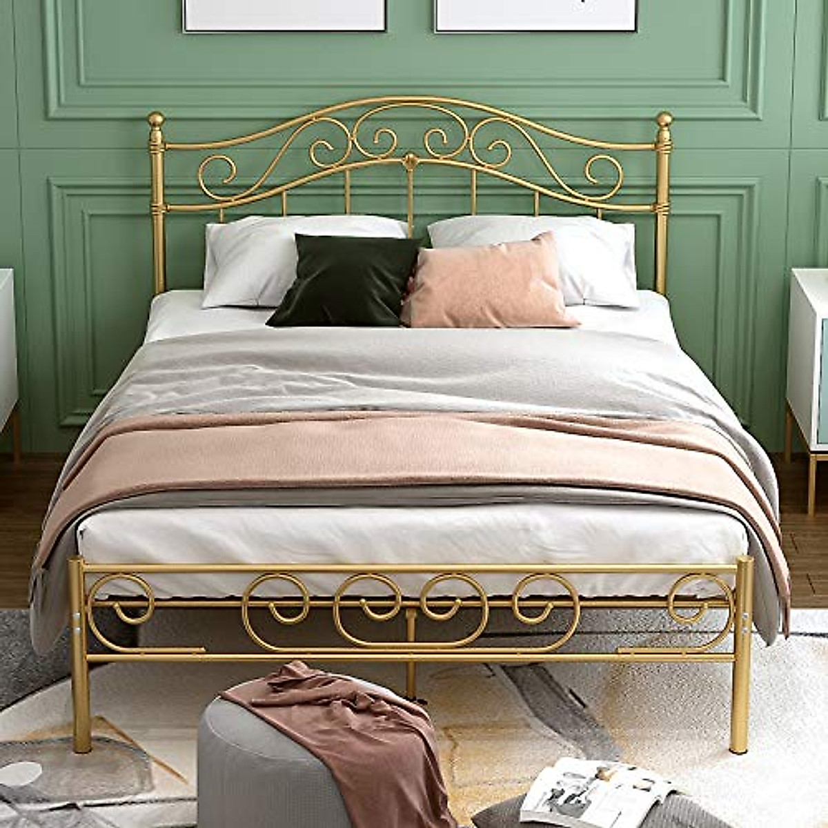IOTXY King Metal Bed Frame - Gold 12 Inches Complete Bed Platform with Curved Tall Headboard and Shorted Footboard, King-Size Mattress Base Foundation, Garden Style