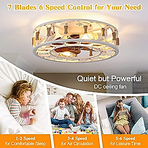 BUXVRCS 19.68'' Flush Mount Caged Ceiling Fan with Lights, Farmhouse Rustic Low Profile Ceiling Fans, 4-Light Vintage Enclosed Ceiling Fan Lighting Fixture Remote Control (Including 5 Bulbs) (White)