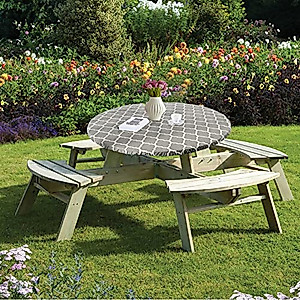 Zhuqing Heavy Duty Vinyl Round Fitted Tablecloth, Gray Moroccan Design, Spillproof Waterproof Elastic Table Cover with Flannel Backed Lining, Fits 40" to 44" Round Table，for Indoor/Outdoor Use