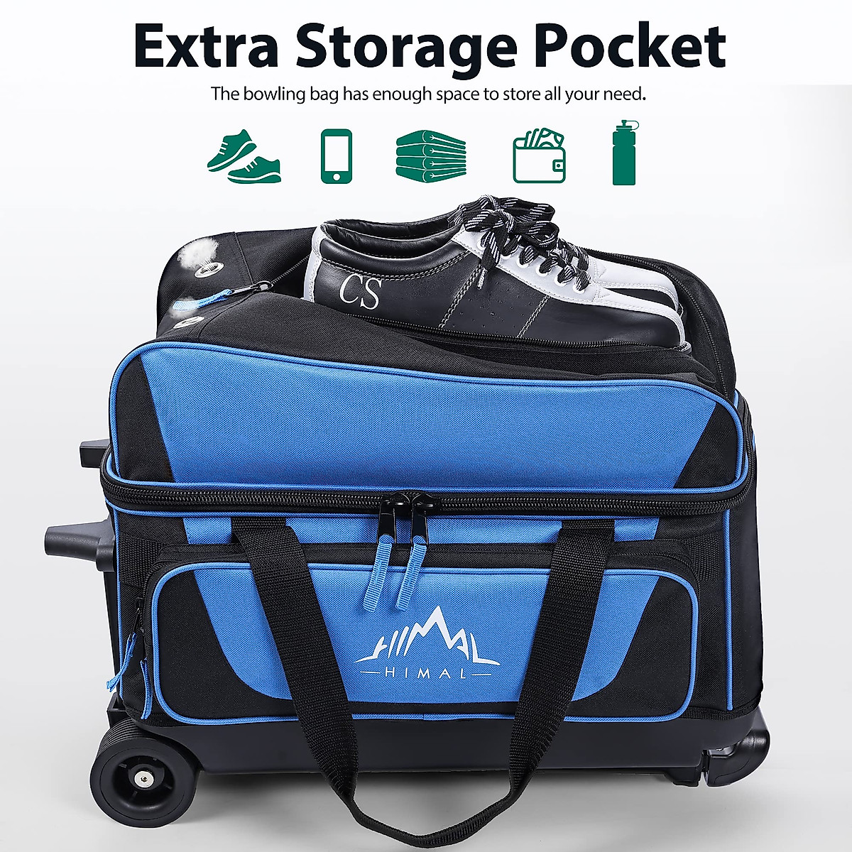 GoHimal Double Roller 2 Ball Bowling Bag with Separate Shoe Compartment for Bowling Shoes (Up To US Mens Size 15) and Oversized Accessory Pocket, Retractable Handle - Extends to 40" (Black-Blue)