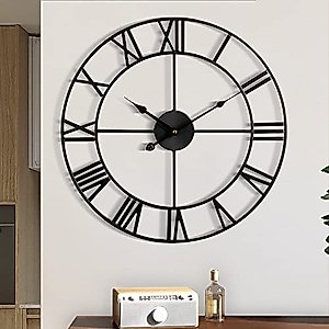Large Wall Clock Metal Retro Roman Numeral Clock, Modern Round Clocks Almost Silent, Easy to Read for Living Room/Home/Kitchen/Bedroom/Office/School Decor (Black, 16 Inch)