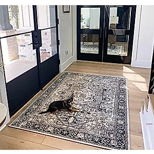 Hauteloom Cabacungan Traditional Persian Medallion Living Room Bedroom Area Rug - Machine Washable Distressed Carpet - Bohemian Oriental - Easy to Clean - Black, Grey, Beige - 9'3" x 12'