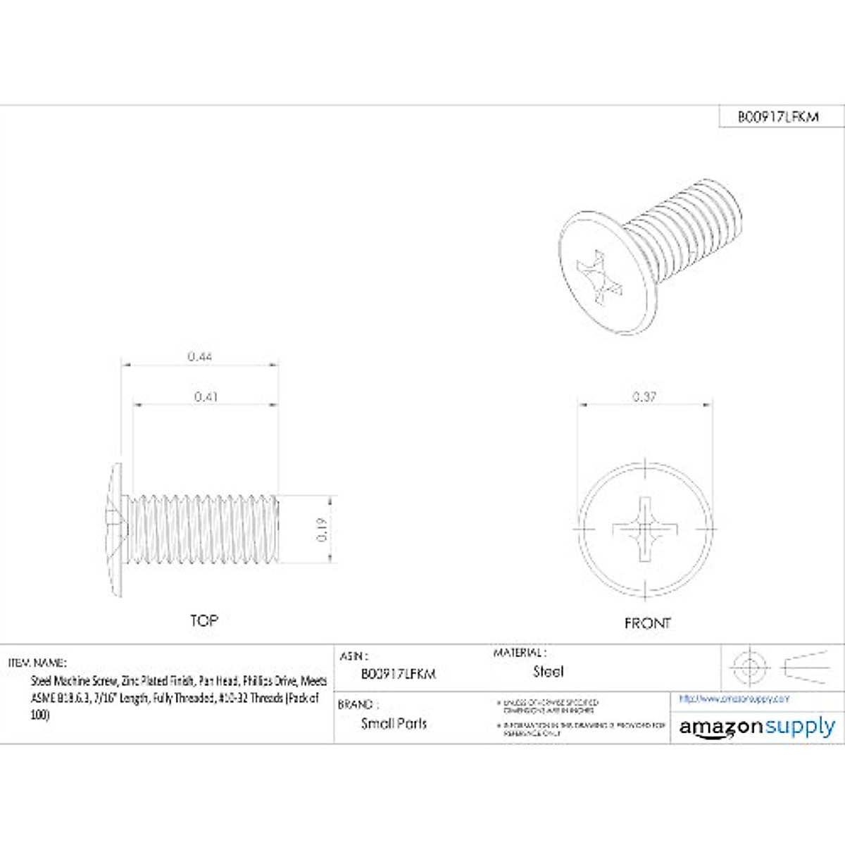 Small Parts Steel Machine Screw, Zinc Plated Finish, Pan Head, Phillips Drive, Meets ASME B18.6.3, 3/16" Length, Fully Threaded, #8-32 UNC Threads (Pack of 100)