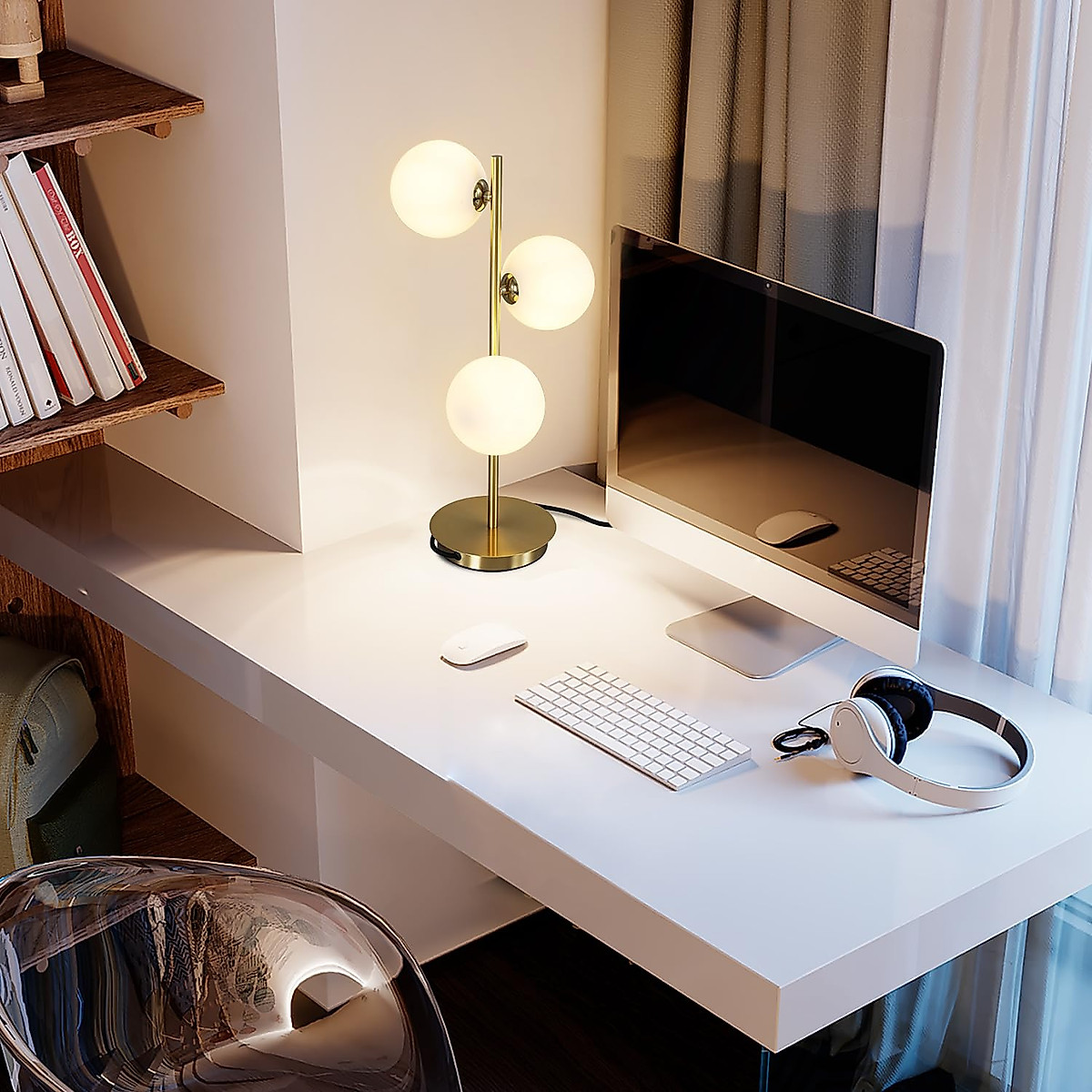 Fulesi Mid Century Globe Table Lamp Modern 3 Lights Gold Desk Lamp Contemporary White Glass Globe Reading Lamp for Bedroom Living Room Study Room (White)