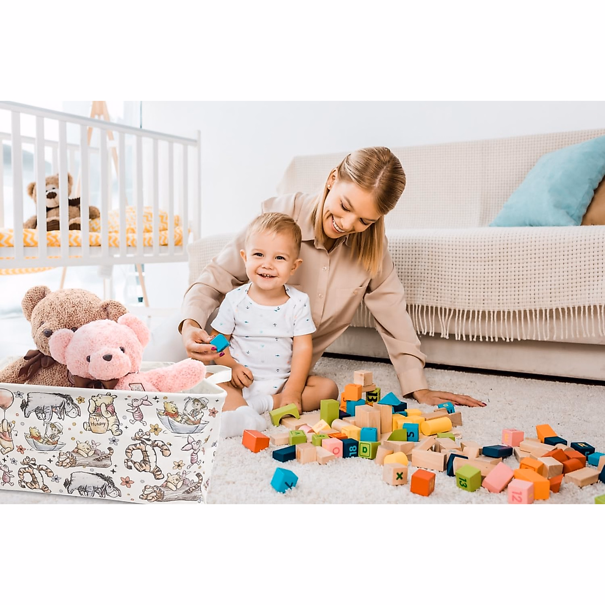 Winnie Nursery Hampers with Handles Classaic Pooh Nursery Storage Basket Foldable and Waterproof Canvas Large Organizers for Bathroom, Bedroom, Toys, Clothes, Laundry Bin