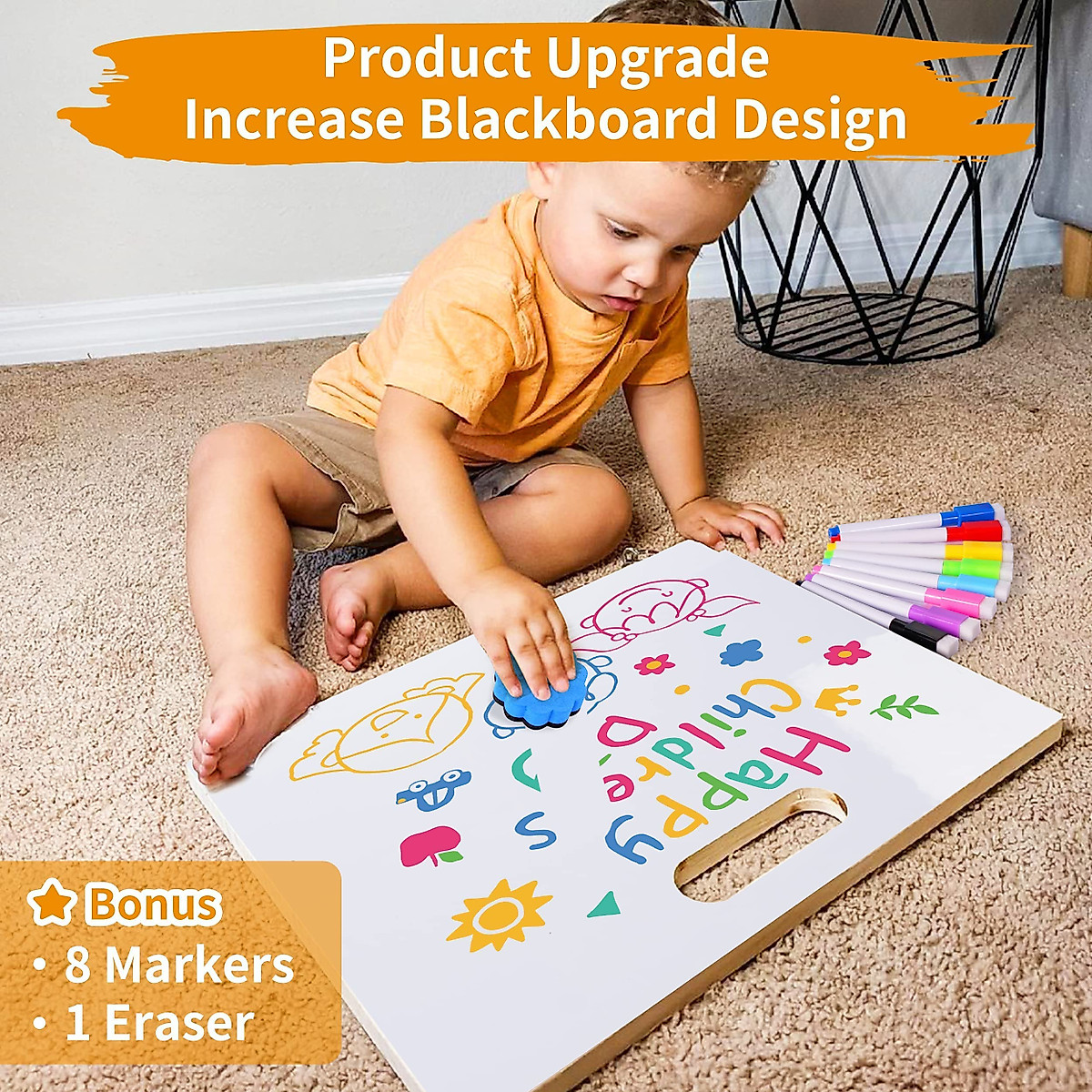 HAN-MM Montessori Busy Board for Toddlers Blackboard with 8 Maker and Eraser Wooden Montessori Toys for Toddlers - Travel Toy with Educational Activities and Fine Motor Skills Activity Buckle Toy