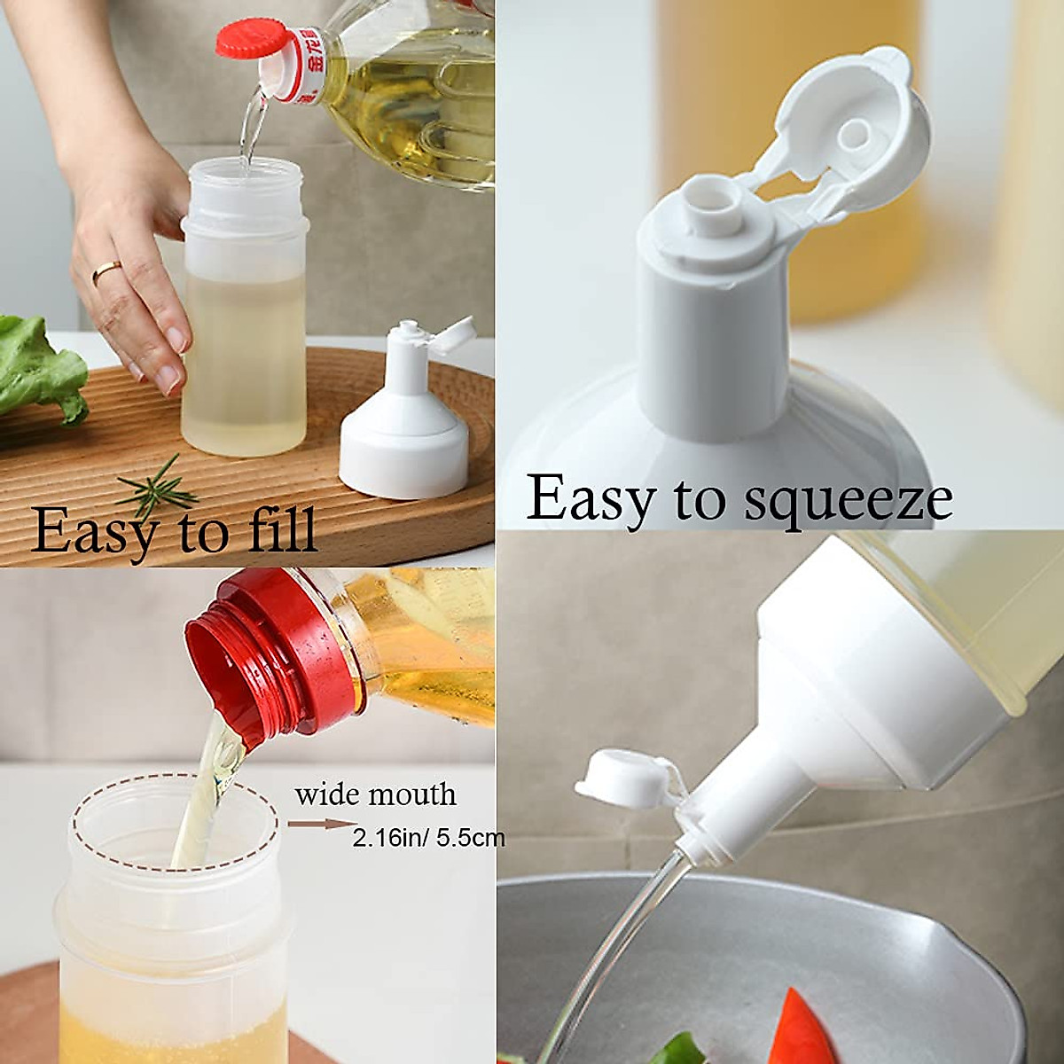 RAYNAG 2 Pack Condiment Squeeze Bottles Flexible Wide Mouth Containers Oil Dispensing Bottle with Attached Cap for Oils, Sauces, Salad Dressings, Syrup