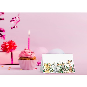 Table Place Card, Jungle Safari Animals Themed Tent Style Cards, Pack of 25 Half-Fold Reception Place Card, Wild Animal Food Labels, Perfect for Baby Shower, Birthday Party C03