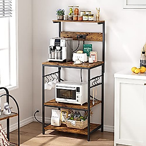 SUPERJARE Kitchen Bakers Rack with Power Outlet, Coffee Bar Table 4 Tiers, Kitchen Microwave Stand with 6 S-shaped Hooks, Kitchen Storage Shelf Rack for Spices, Pots and Pans - Rustic Brown
