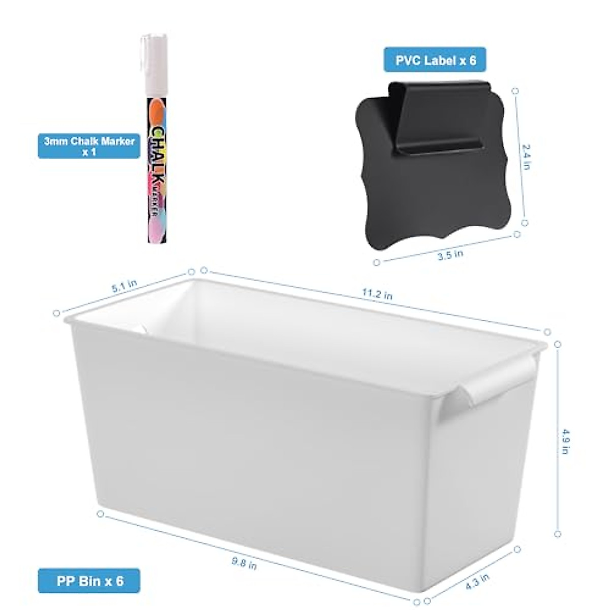 Plastic Storage Bins 6 Pack with Clip Labels & Chalk Marker, Front Handle Design, 11"x5" Pantry Organization and Storage Open Top Baskets for Shelves Closet Cabinet Sink Counter Cupboard Drawer Rridge