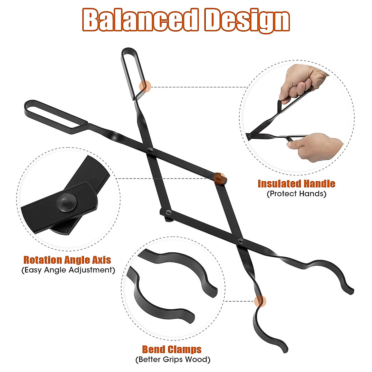 AGM Fireplace Tongs, 26" Fire Pit Accessories Firewood Tongs, Log Grabber for Thick logs, Heavy Duty Wrought Iron Fire Pit FireTongs, Campfire BBQ Stove Log Tweezers, Outdoor/Indoor Fire Pit Tools