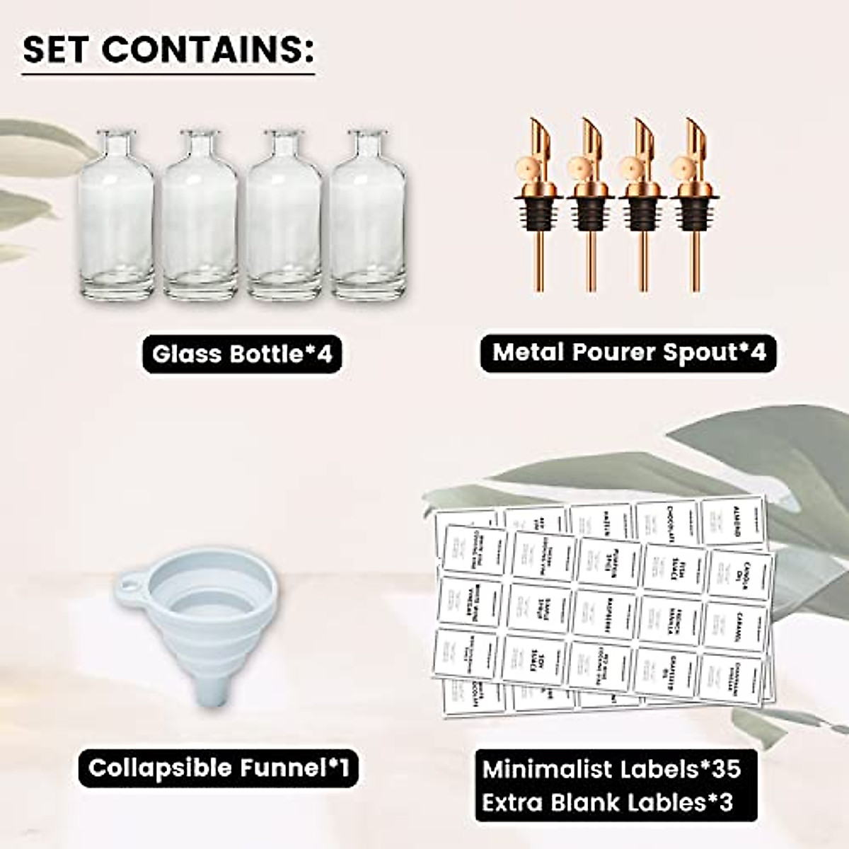 12 oz Glass Olive Oil Dispenser Bottle For Kitchen,Oil And Vinegar Dispenser Set Of 4,Oil Bottles For Kitchen,Coffee Syrup Dispenser,Glass Oil Container With Metal Pourer,Funnel,Waterproof Labels