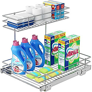 AHNR Pull Out Cabinet Organizer, 2-Tier Under Sink Slide Out Kitchen Cabinet Storage Shelves with Sliding Storage Drawer for Cabinet - 12.6W x 16.5D x 13H, Request at Least 13" Cabinet Opening