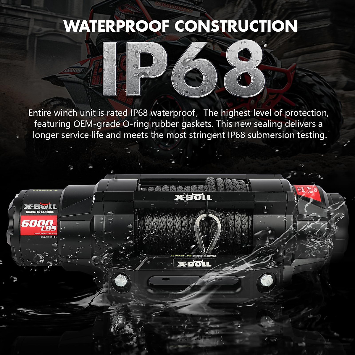 X-BULL New 6000LBS IP68 Waterproof Electric Winch Boat Trailer Winch with 2 in 1 Wireless Remote Synthetic Rope 1/4 in x49.8ft Hook Automatic Braking Powersports Off Road