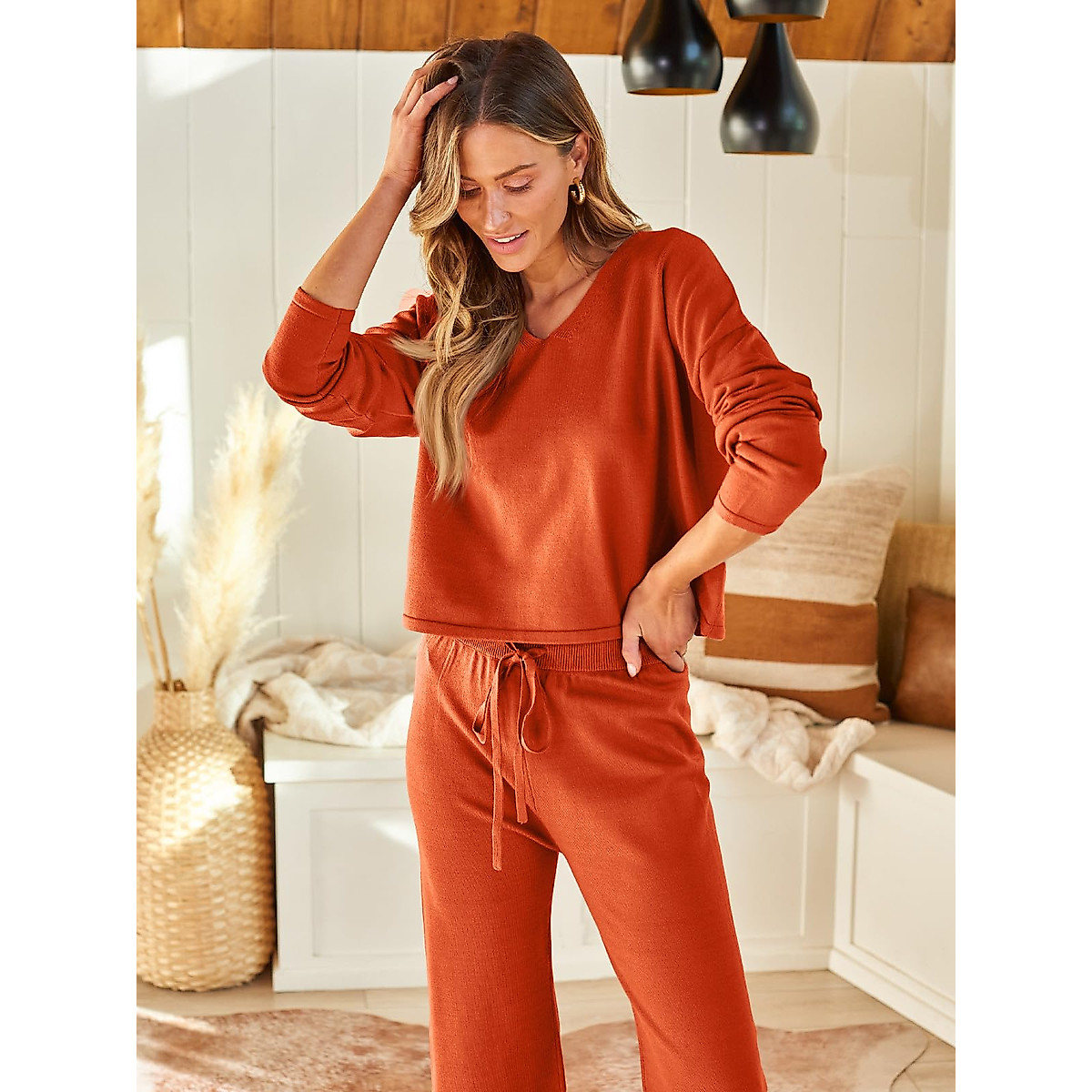 LILLUSORY Women's Two Piece Outfits Sweater set Knit Top Set And Loose Wide Leg Pants Lounge Sweatsuit