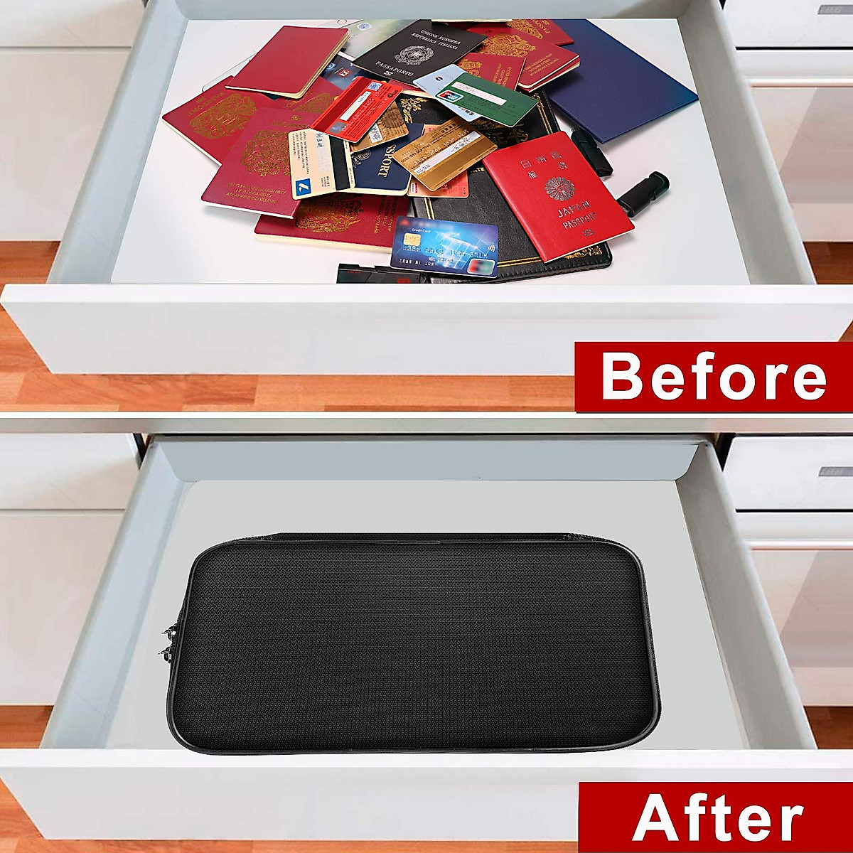 ENGPOW Small Fireproof Storage Organizer Case with Lock(9.4”x 5.9”x 3.2”), 3-Layer Money Safe Coin Organizer Wallet Bag for Cash,Card,Passport,Check,Bill,Travel Home Organizer Carrying Case,Black